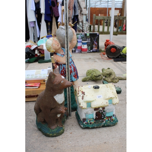 THREE CONCRETE GARDEN FIGURES TO INCLUDE A FOX AND A HOUSE ETC