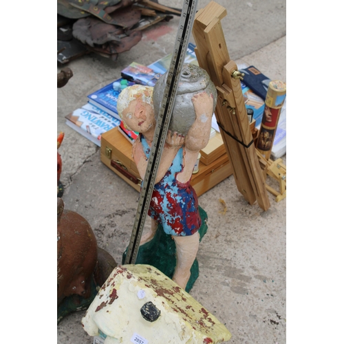 THREE CONCRETE GARDEN FIGURES TO INCLUDE A FOX AND A HOUSE ETC