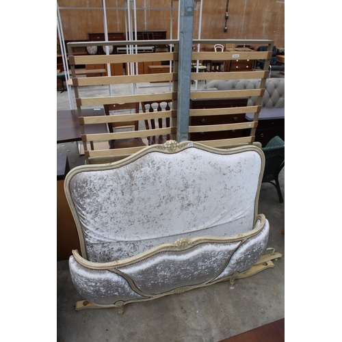 A MODERN 4' 6" CONTINENTAL STYLE BEDSTEAD WITH STUDDED UPHOLSTERED HEAD ...