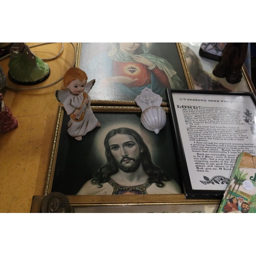 A COLLECTION OF RELIGIOUS ITEMS TO INCLUDE PRINTS, FIGURES, ETC