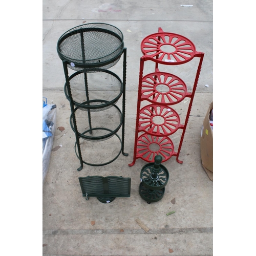 TWO METAL PAN STANDS AND TWO FURTHER METAL KITCHEN STANDS