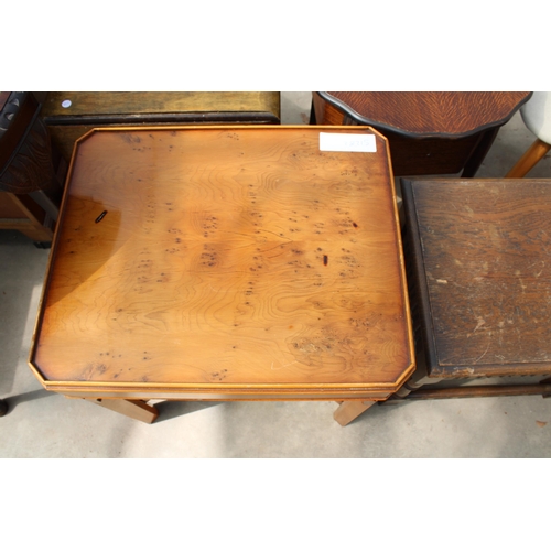 AN OAK JACOBEAN STYLE STOOL WITH DRAWER AND YEW WOOD LAMP TABLE