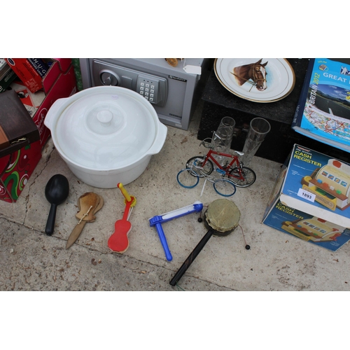 AN ASSORTMENT OF ITEMS TO INCLUDE A DIGITAL SAFE, MUSICAL INSTRUMENTS ...