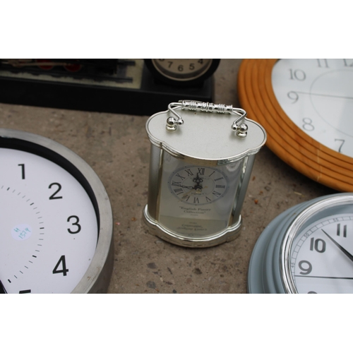 FIVE VARIOUS CLOCKS TO INCLUDE ONE IN THE FORM OF A TRAIN
