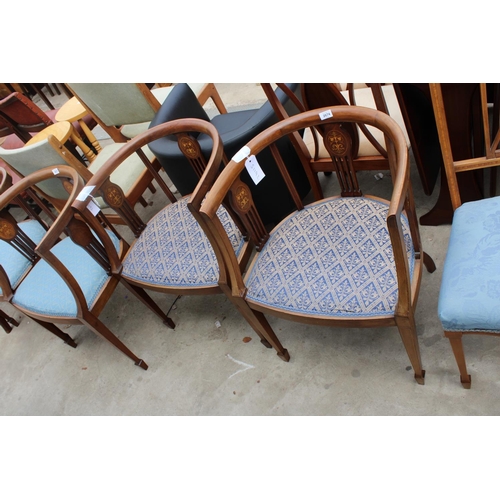 A PAIR OF EDWARDIAN MAHOGANY AND INLAID TUB CHAIRS ON FRONT TAPERING ...