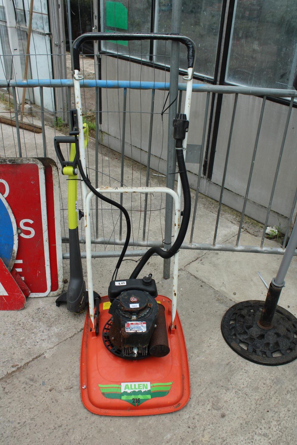 AN ALLEN 216 HOVER MOWER WITH PETROL ENGINE AND AN ELECTRIC RYOBI GRASS ...
