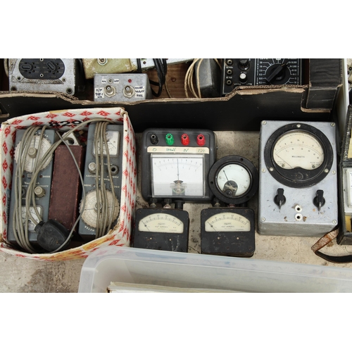 A LARGE ASSORTMENT OF VINTAGE AMP METERS, CONTROL BOXES AND FITTINGS ETC