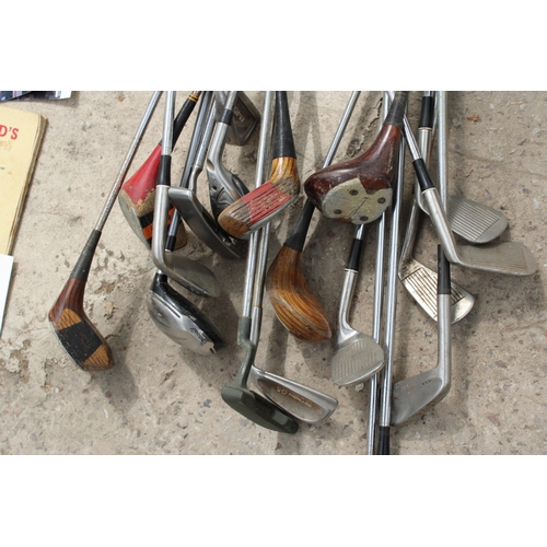 AN ASSORTMENT OF RETRO GOLF CLUBS TO INCLUDE PING ETC