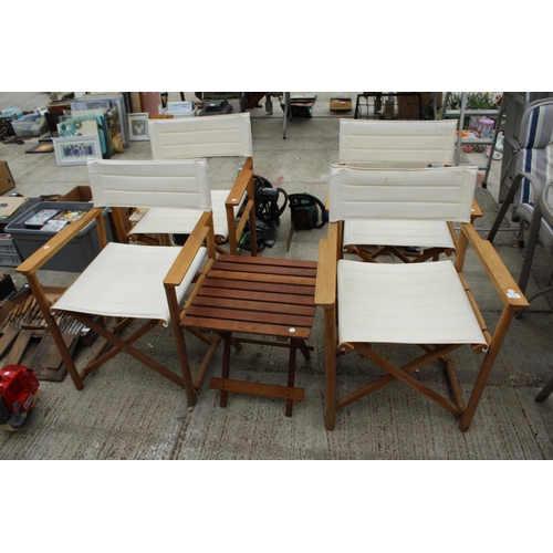 A SET OF FOUR OAK DIRECTORS STYLE CHAIRS AND A SLATTED TEAK TABLE