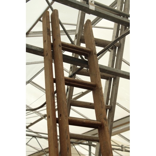 A VINTAGE 22 RUNG WOODEN EXTENDABLE TWO SECTION LADDER