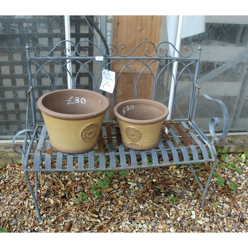 METAL SEAT IN NEED OF REPAIR PLUS TWO TERRACOTTA POTS PLUS VAT