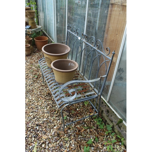 METAL SEAT IN NEED OF REPAIR PLUS TWO TERRACOTTA POTS PLUS VAT