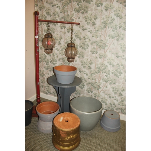 SIX TERRACOTTA POTS,STAND AND LANTERNS ETC. PLUS VAT