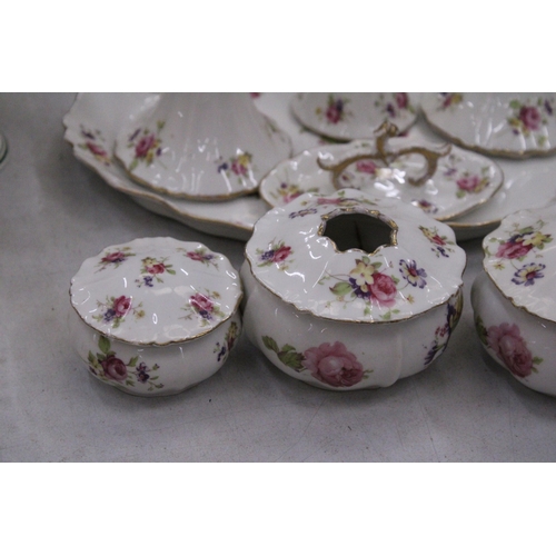 A FLORAL PATTERNED, CERAMIC DRESSING TABLE SET TO INCLUDE A TRAY ...