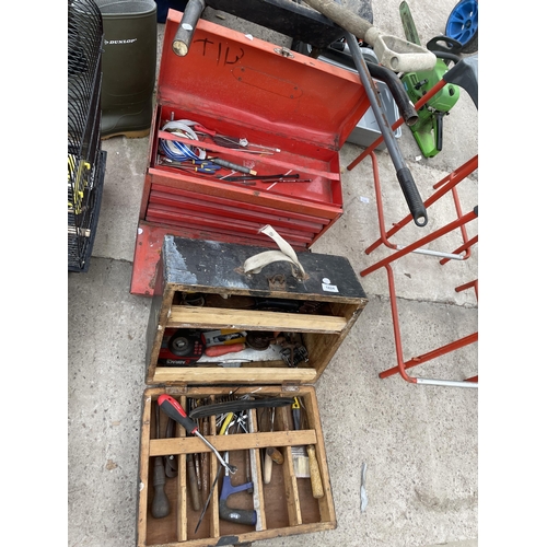 TWO TOOL BOXES WITH AN ASSORTMENT OF TOOLS TO INCLUDE DRILLS, SCREW DRIVERS AND HACK SAWS ETC