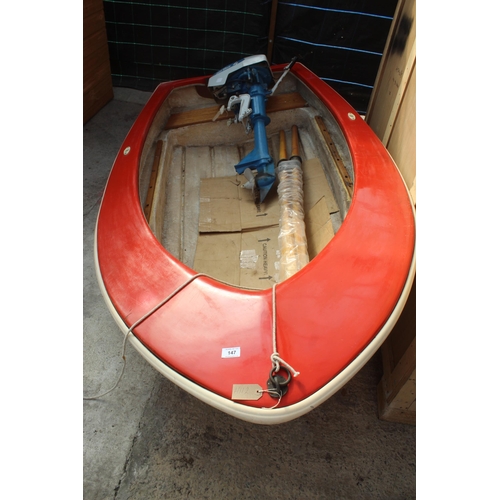 AN 8 FT FIBRE GLASS DINGHY WITH SEA-BEE 4 OUTBOARD MOTOR AND OARS IN ...