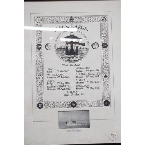 A FRAMED HMS LARGS SCROLLS OF HONOURS DESIGNED BY SID SIMMONS IN 1946 ...