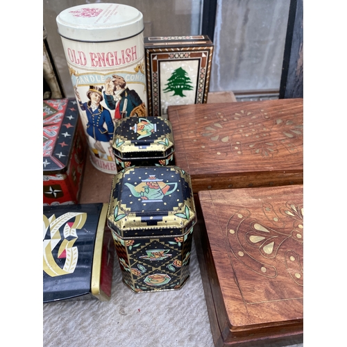 AN ASSORTMENT OF VARIOUS WOODEN BOXES AND VINTAGE TINS