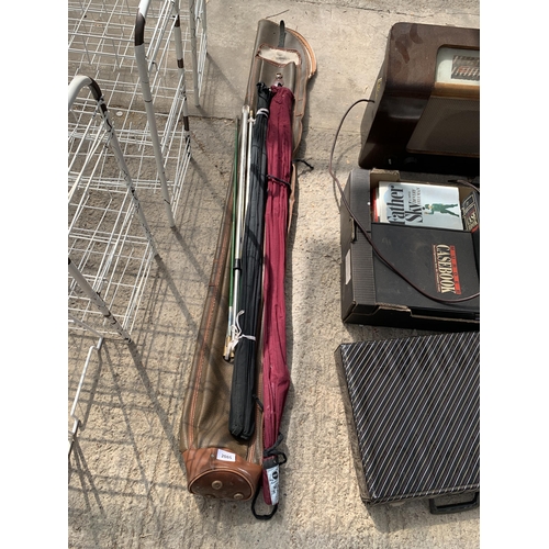 A ROD CARRY CASE AND TWO FISHING RODS