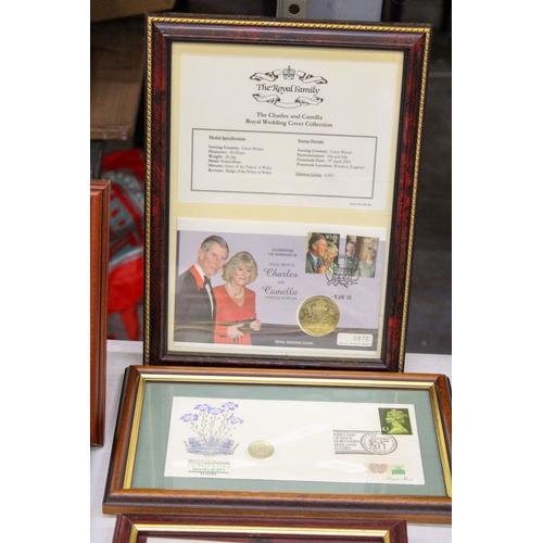 SEVEN FRAMED COMMEMORATIVE FIRST DAY COVERS WITH COINS