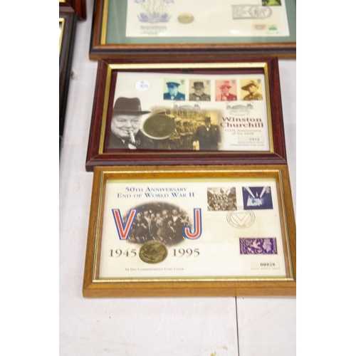 SEVEN FRAMED COMMEMORATIVE FIRST DAY COVERS WITH COINS