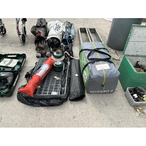 AN ASSORTMENT OF CAMPING ITEMS TO INCLUDE A SENDERO 6 TENT, A LAMP AND ...