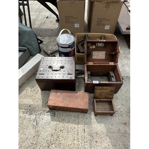FOUR VARIOUS VINTAGE WOODEN BOXES, COBBLERS LASTS AND WALL BRACKETS ETC