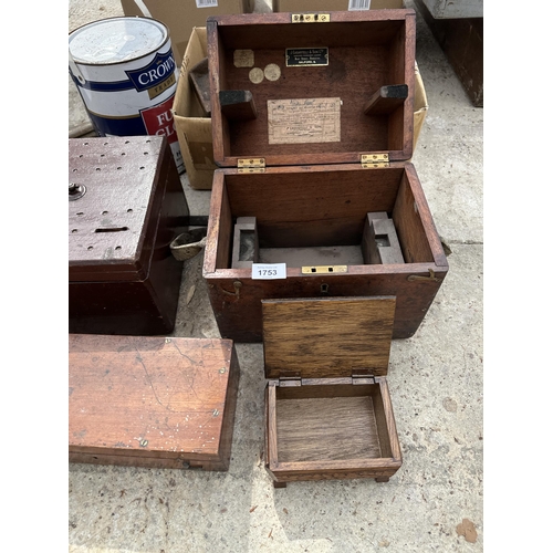 FOUR VARIOUS VINTAGE WOODEN BOXES, COBBLERS LASTS AND WALL BRACKETS ETC