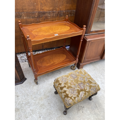 A YEW WOOD TWO TIER TROLLEY AND SMALL STOOL WITH CABRIOLE LEGS