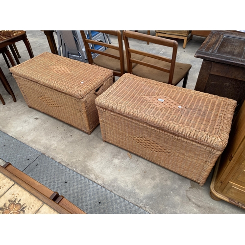 A PAIR OF WICKER BLANKET CHESTS, 33" WIDE EACH AND A TRIPOD WINE TABLE