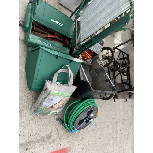 AN ASSORTMENT OF GARDEN TOOLS TO INCLUDE S ELECTRIC QUALCAST LAWNMOWER ...