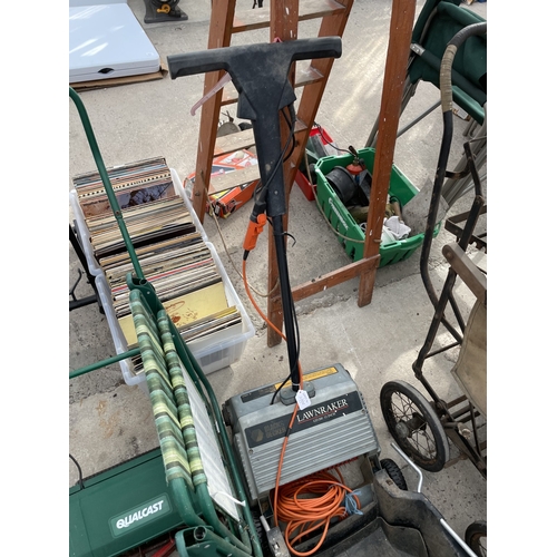 AN ASSORTMENT OF GARDEN TOOLS TO INCLUDE S ELECTRIC QUALCAST LAWNMOWER ...