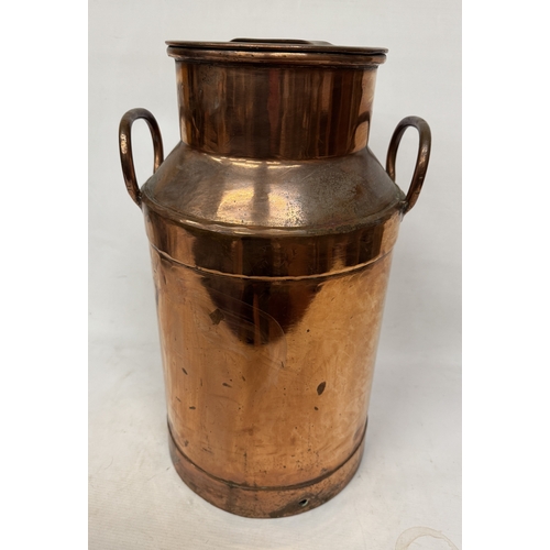 A VINTAGE LIDDED COPPER MILK CHURN, HEIGHT 52CM, NO VAT