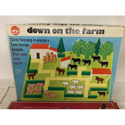 A VINTAGE PIPPIN DOWN ON THE FARM PEG IN GAME, COMPLETE PLUS A ROTAWORD ...