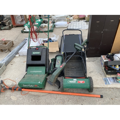 AN ASSORTMENT OF GARDEN TOOLS TO INCLUDE A QUALCAST LAWN RAKE AND A ...