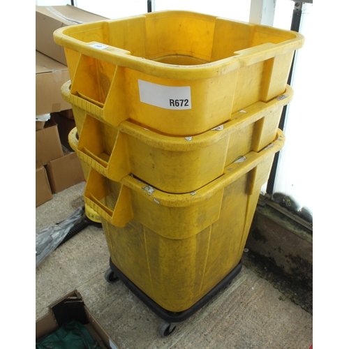 3 YELLOW BINS AND TROLLEY NO VAT