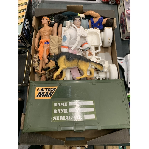 A COLLECTION OF SIX ACTION MEN, A MOON BUGGY, HUSKY DOG AND ACCESSORIES