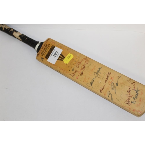 A MINIATURE DUNCAN FEARNLEY CRICKET BAT WITH VARIOUS SIGNATURES