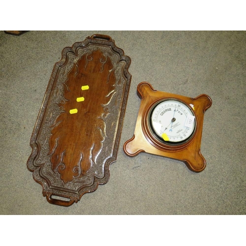 A JAMES LUCKING & CO LTD BAROMETER TOGETHER WITH A CARVED TWIN HANDLED ...