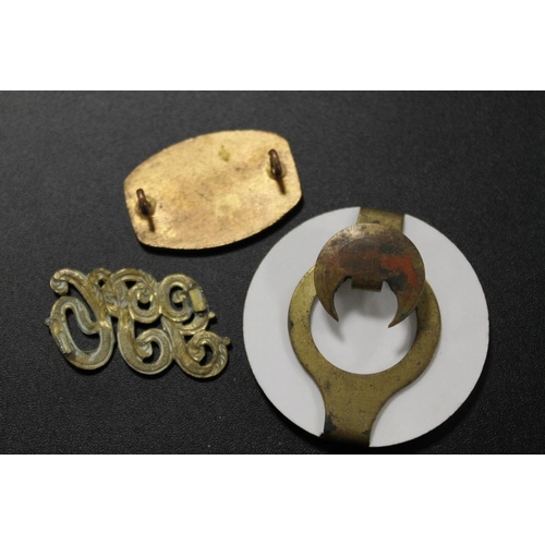 A BLUE AND ORANGE ENAMEL GPO BADGE -NO PIN TOGETHER WITH ANOTHER AND A ...