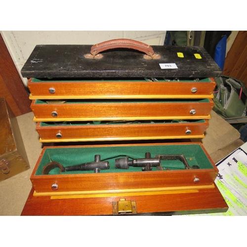 A wooden engineers tool box and contents