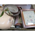 A tray of collectables to include antique framed samplers