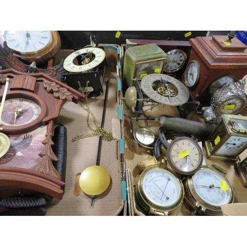 Two trays of assorted clocks, carriage clocks etc