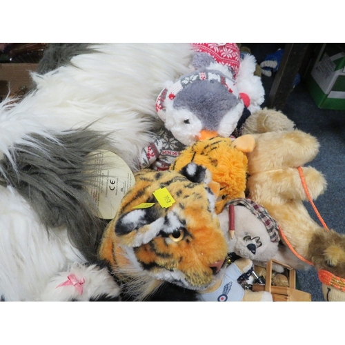 Three trays of assorted soft toys to include Ty's, Hamley's, Rupert etc