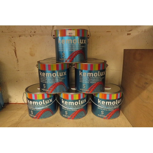 Six 2.5L tins of Kemolux anticorrosive fast drying metal paint/primer - Red