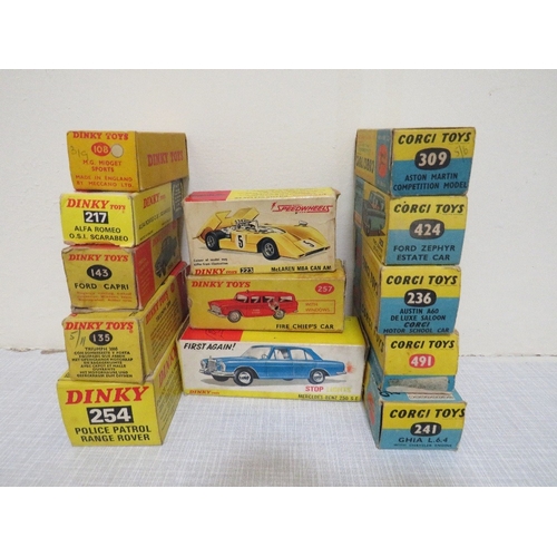 A SMALL BOX CONTAINING THIRTEEN BOXED VINTAGE DINKY AND CORGI CARS, to ...