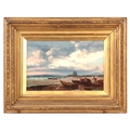 RICHARD BEAVIS (1824-1896) OIL ON CANVAS beach scene with moored boats ...
