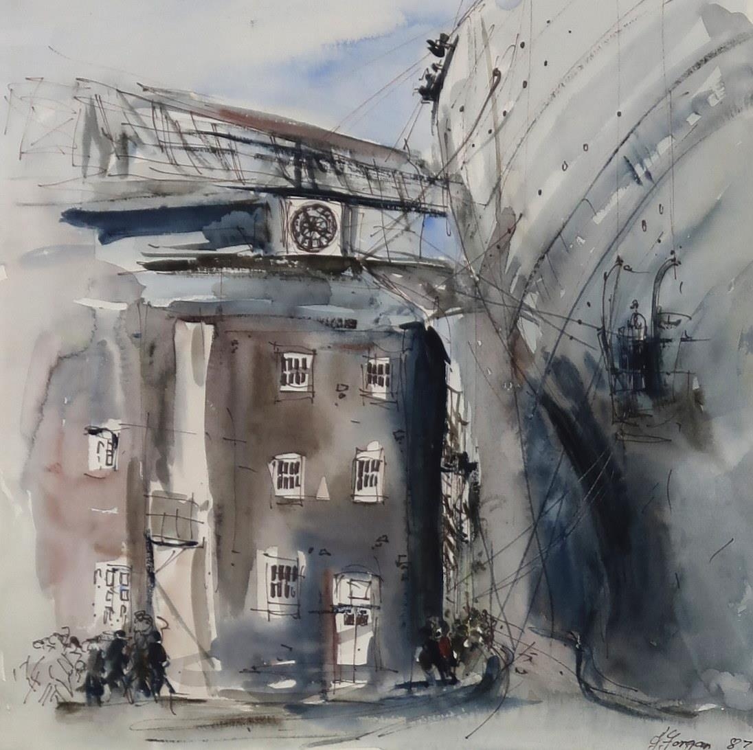 JOHN FORGAN (SCOTTISH) DOCKYARD AND CLOCK TOWER Pen, ink and ...