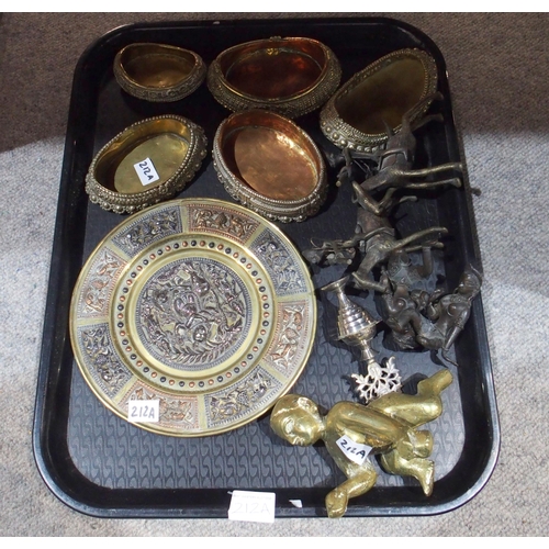 Assorted Indian copper and brass dishes, relief decorated plate ...
