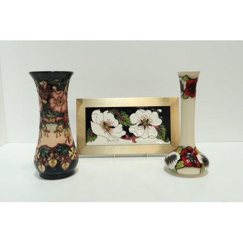 A Moorcroft Oberon pattern vase, together with a framed Moorcroft tile ...